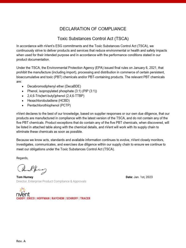 Nvent TSCA Declaration Hoffman | PDF | Chemical Substances | Materials