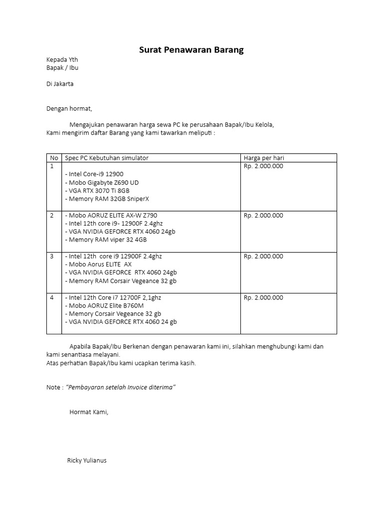 Contoh Surat Penawaran Barang | PDF