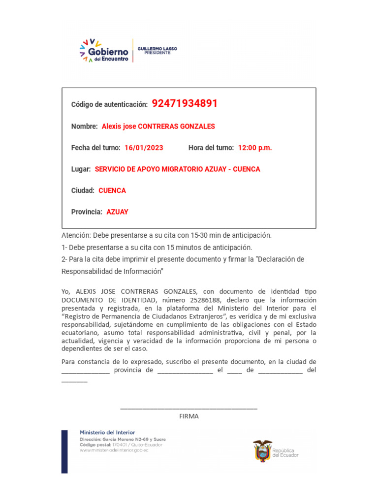 Cita Migracion Alexis Jose Contrera Gonzales | PDF