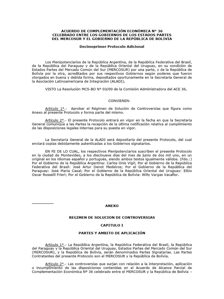 Acuerdo ACE36 Arg Bol Pro 11 | PDF