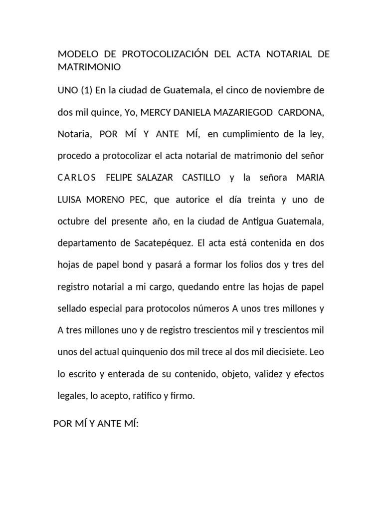 Modelo de Protocolización Del Acta Notarial de Matrimonio | PDF