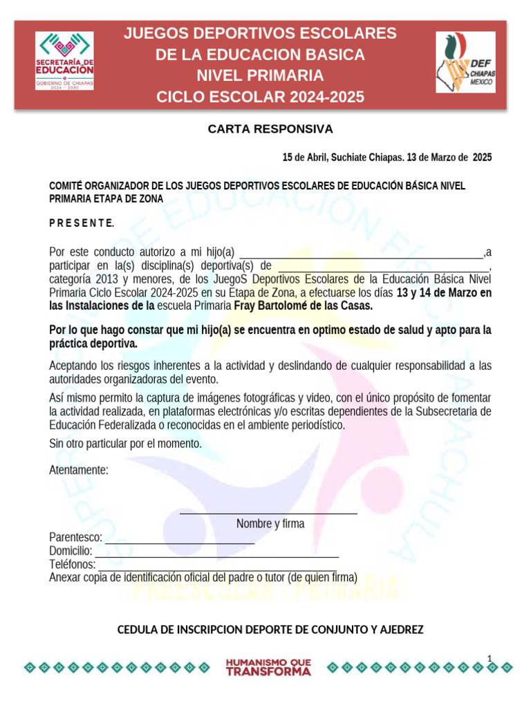 Carta Responsiva y Cedula de Inscripcion de Equipos 2025 Fray | PDF | Educación primaria | Escuelas