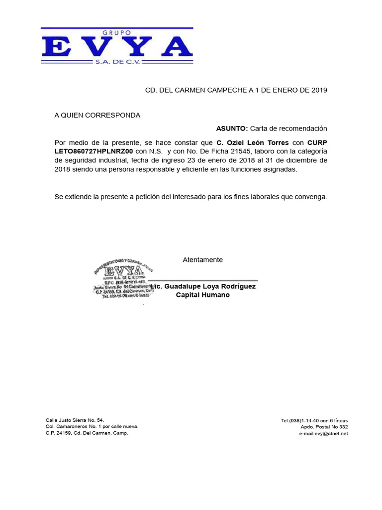 Carta de recomendación laboral Oziel León | PDF