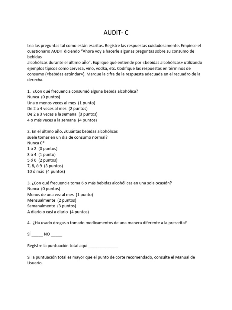 Assessment tool-AUDIT-C | PDF | Bebidas alcohólicas