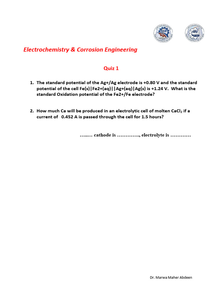 Quiz 1 (Electrochemistry) | PDF