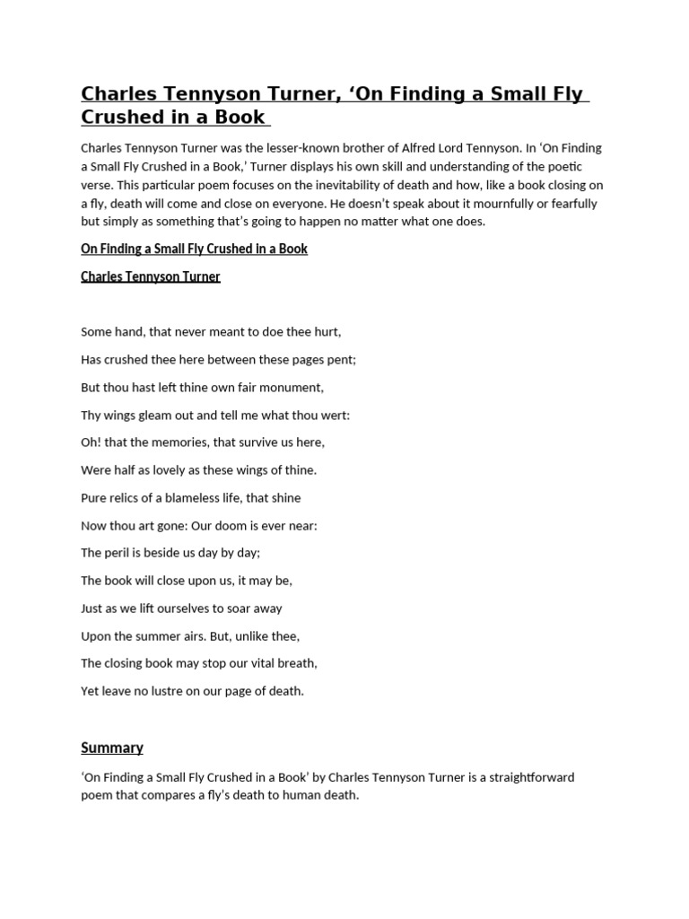 Charles Tennyson Turner, On Finding A Small Fly Crushed in A Book | PDF ...