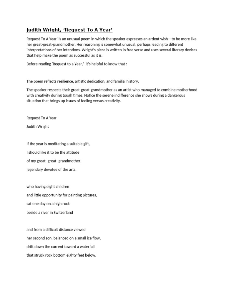 Judith Wright, ‘Request to a Year’ | PDF | Poetry | Metre (Poetry)