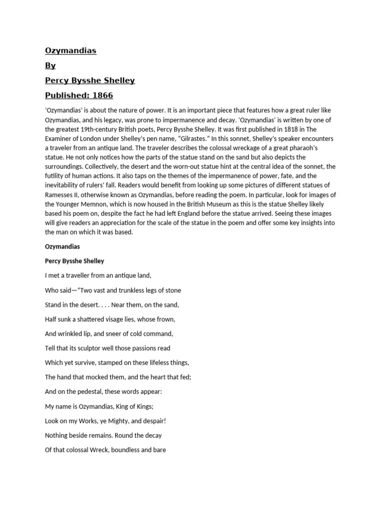 Percy Bysshe Shelley, ‘Ozymandias | PDF | Poetry | Stanzaic Form