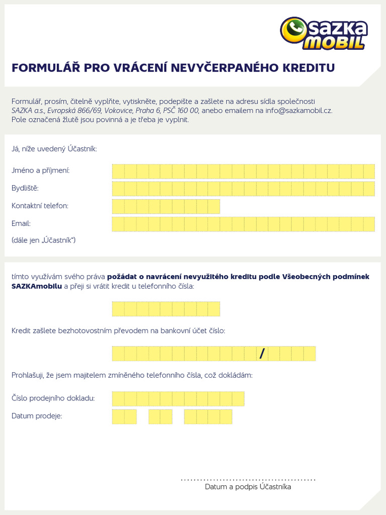 2022 - Sazkamobil - Formular Vraceni Nevycerpaneho Kreditu | PDF