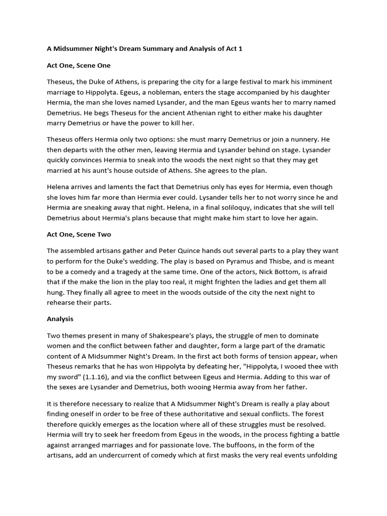 Act 1 Summary of A Midsummer Night's Dream | PDF | A Midsummer Night's ...