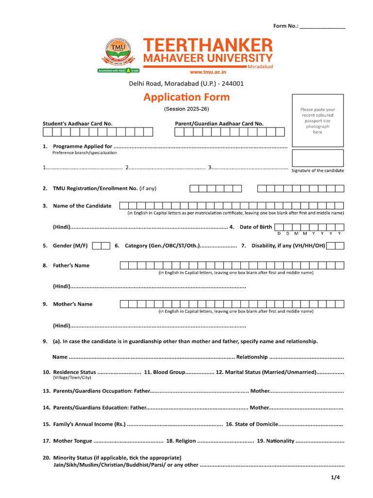 TMU Application Form 2025-26 | PDF | Vocational Education | Qualifications