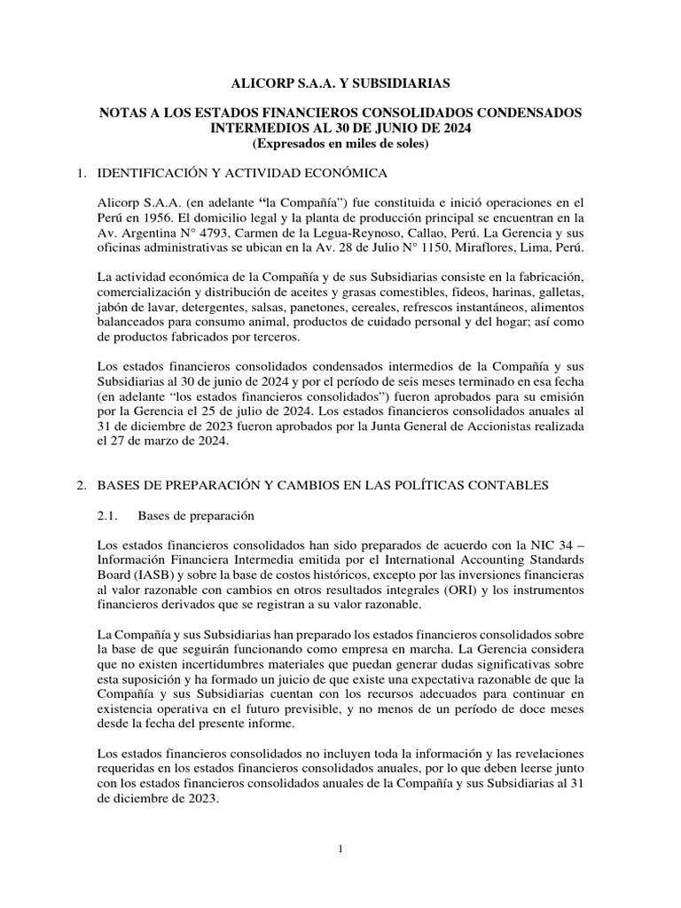 Notas A Los EEFF Consolidados 2T24 | PDF | Compartir (Finanzas) | Estado financiero