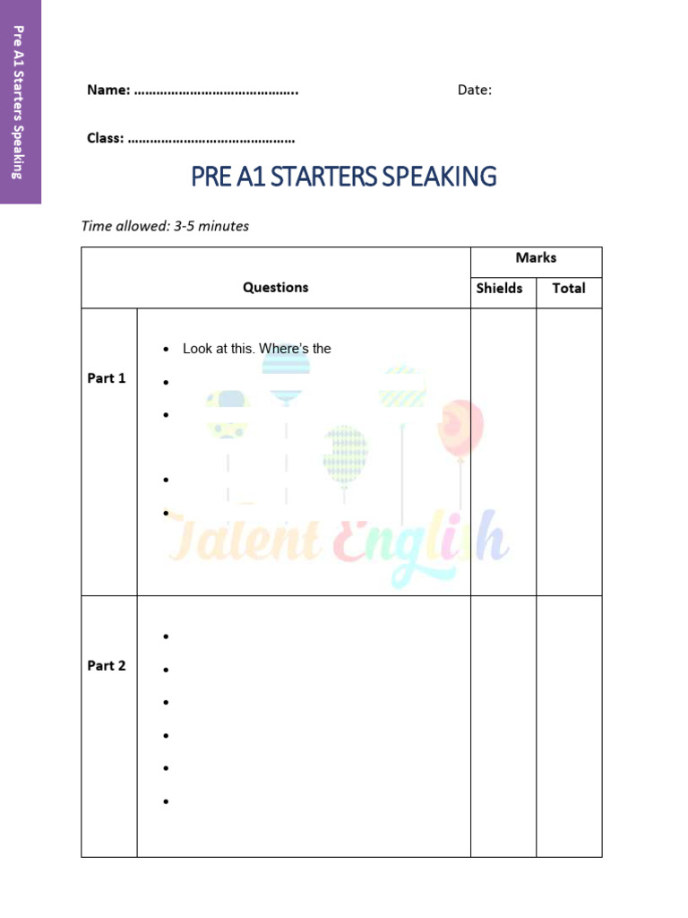 Starters Speaking Test 1 - SK1 - 14 12 | PDF