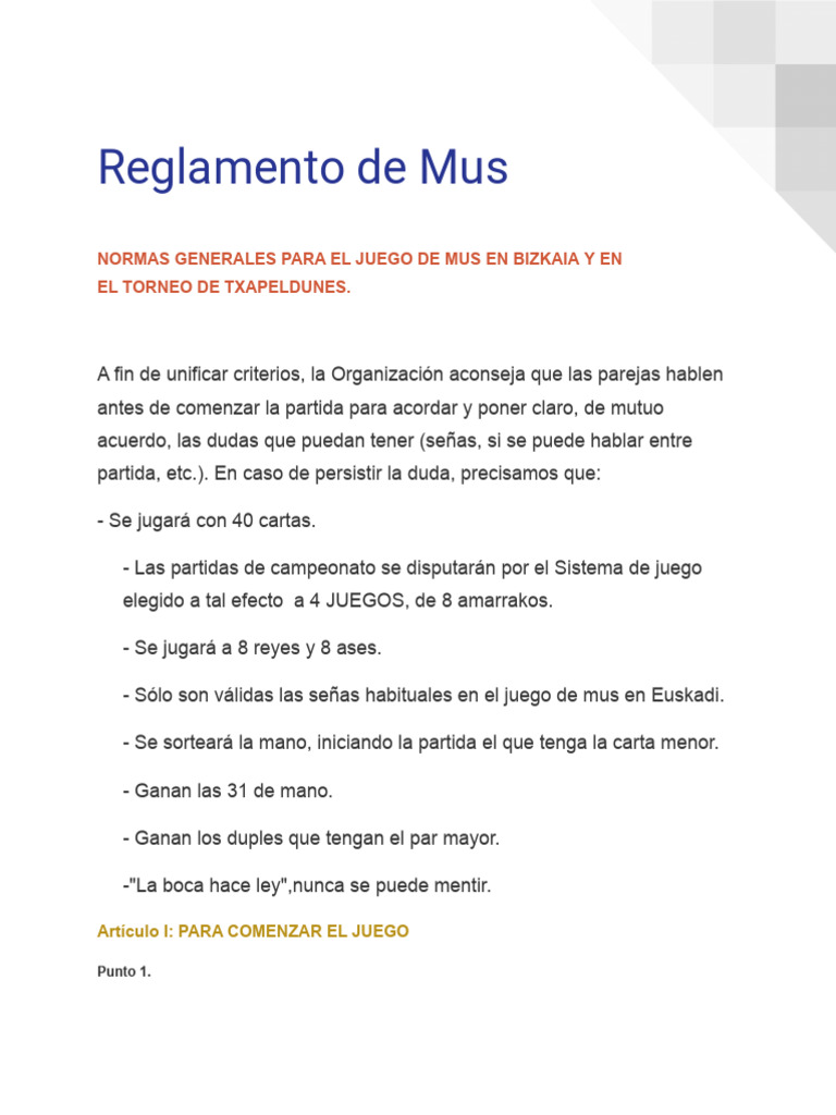 Reglamento del Juego de Mus en Bizkaia | PDF