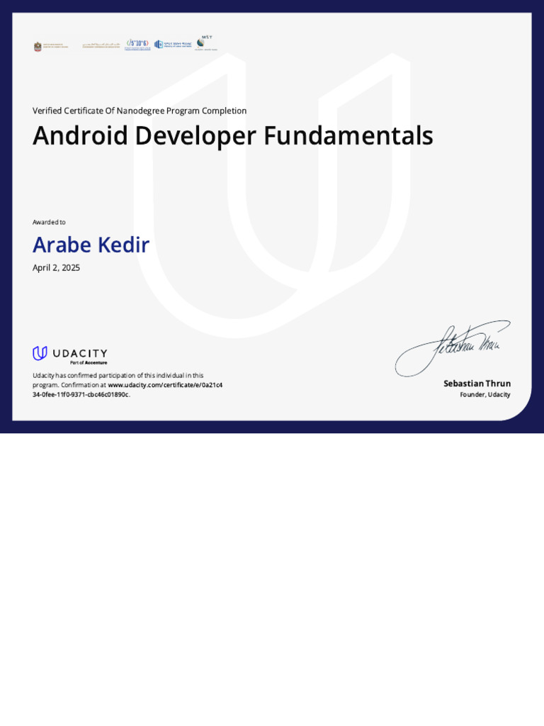 Arebe Kedir's Android Development Fundamental in - Udacity Certificate | PDF