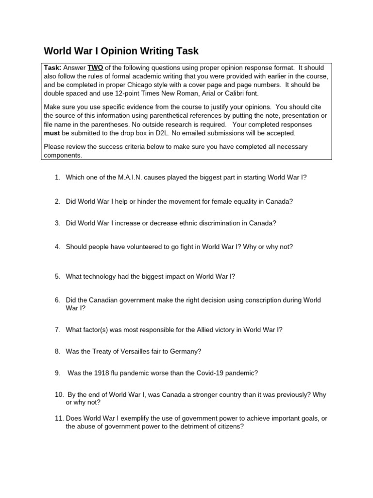 WW1 Opinion Writing Task | PDF | Argument | Reason