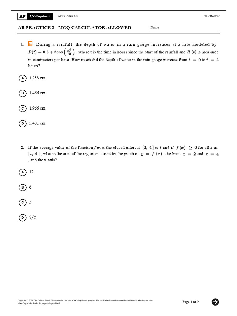 Ab Practice 2 MCQ Calculator Allowed PDF | PDF | Function (Mathematics ...