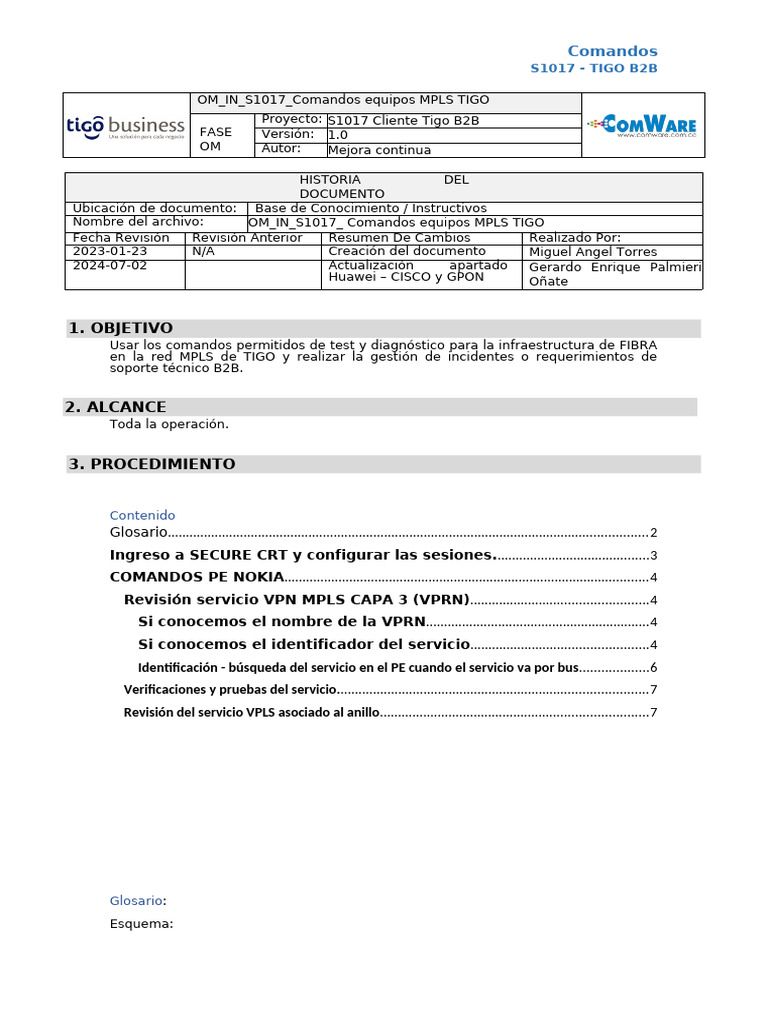 OM - IN - S1017 - Comandos Equipos MPLS TIGO - 20240702 | PDF ...