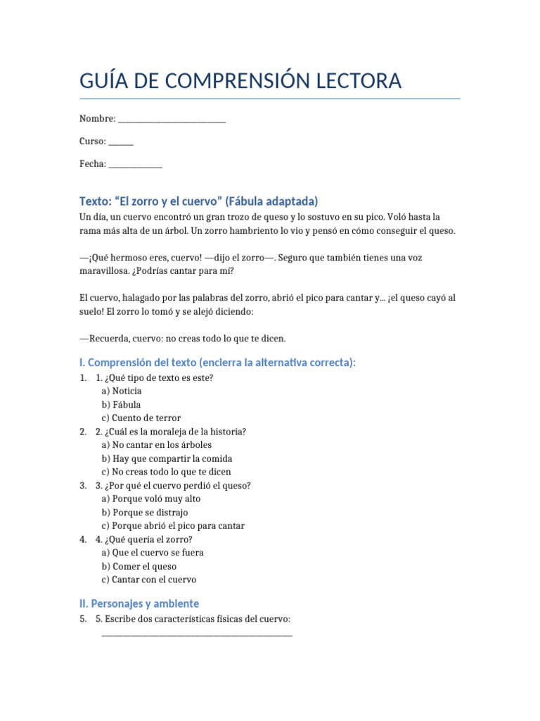 Actividades de Comprensión: Fábula del Zorro | PDF