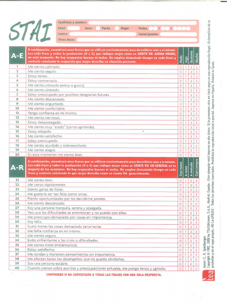 Protocolo Registro Stai Ansiedad | PDF
