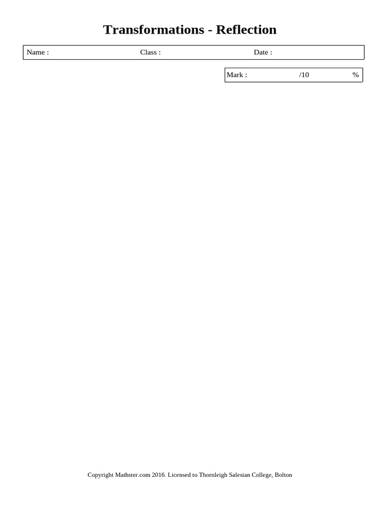 Reflection Transformations Worksheet | PDF