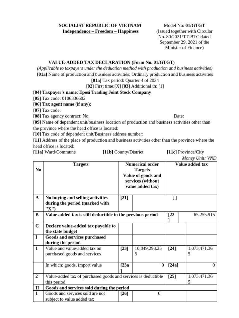 VAT Declaration Form 01/GTGT 2024 | PDF | Taxes | Value Added Tax