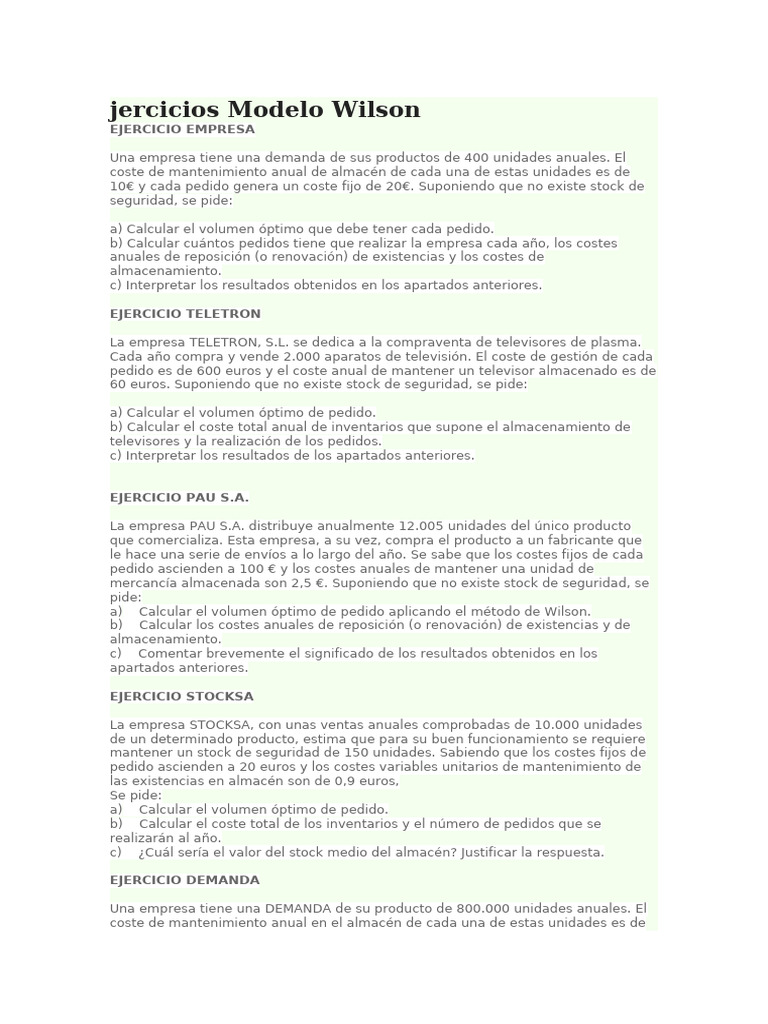 Ejercicios Modelo Wilson | PDF | Inventario