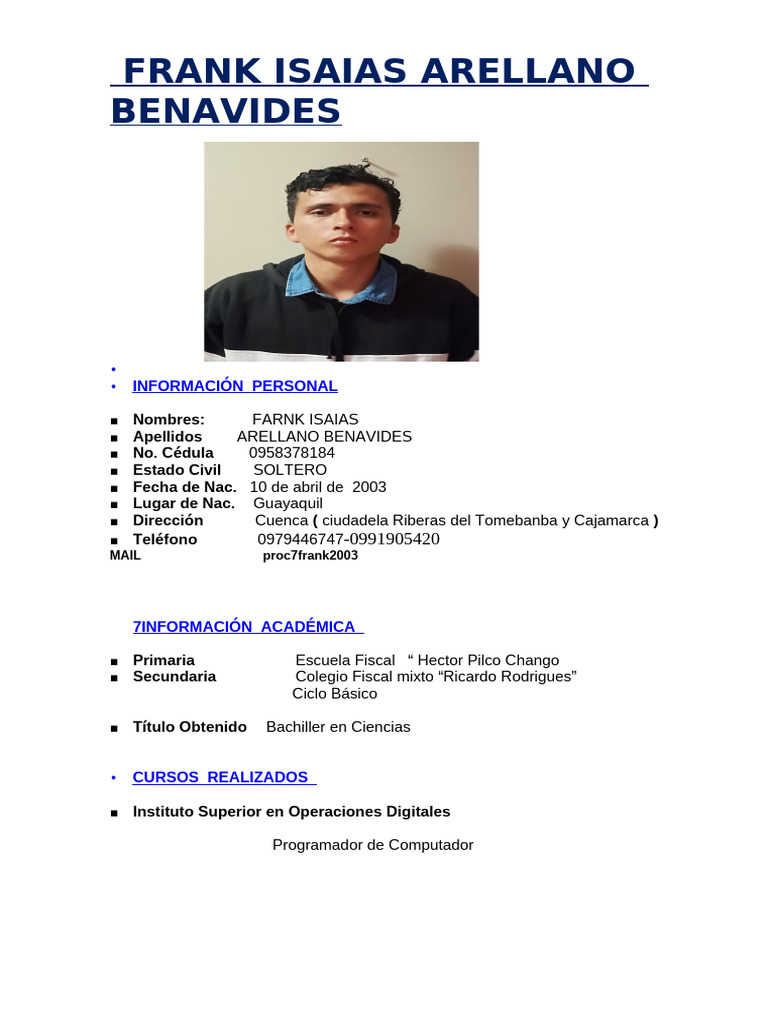 Datos de Frank Isaias Arellano Benavides | PDF
