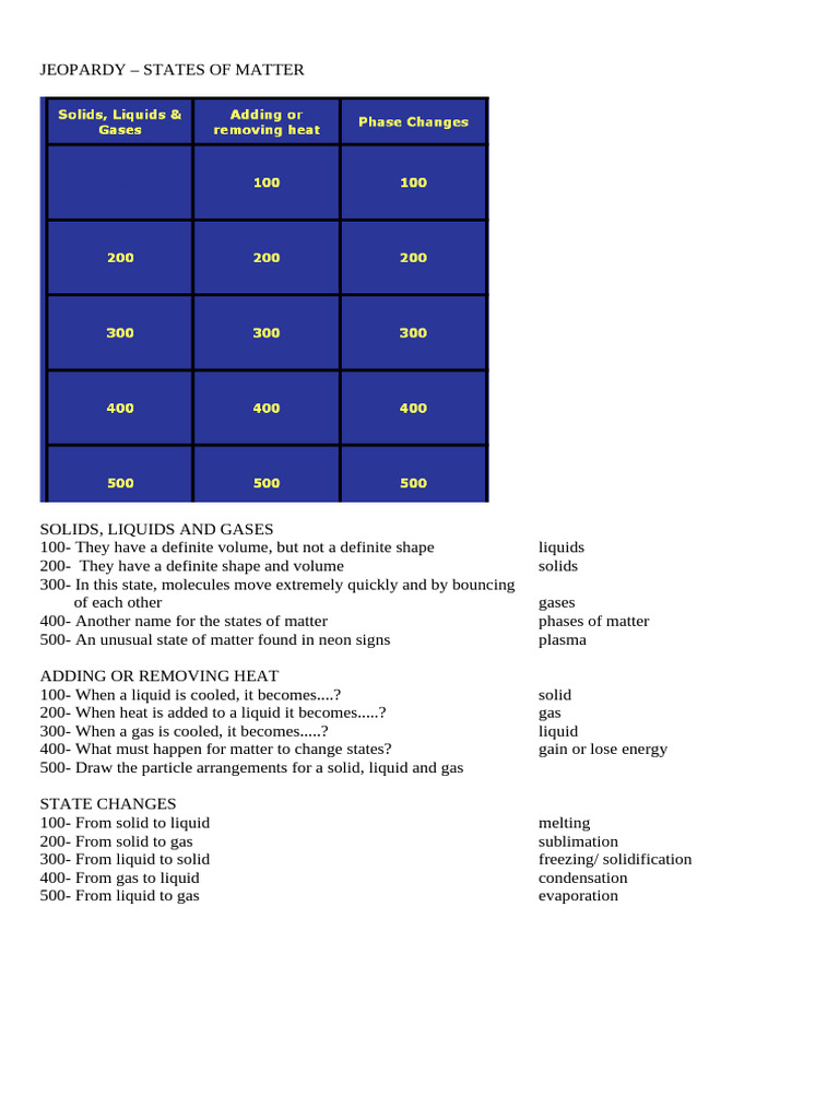JEOPARDY - States of Matter | PDF