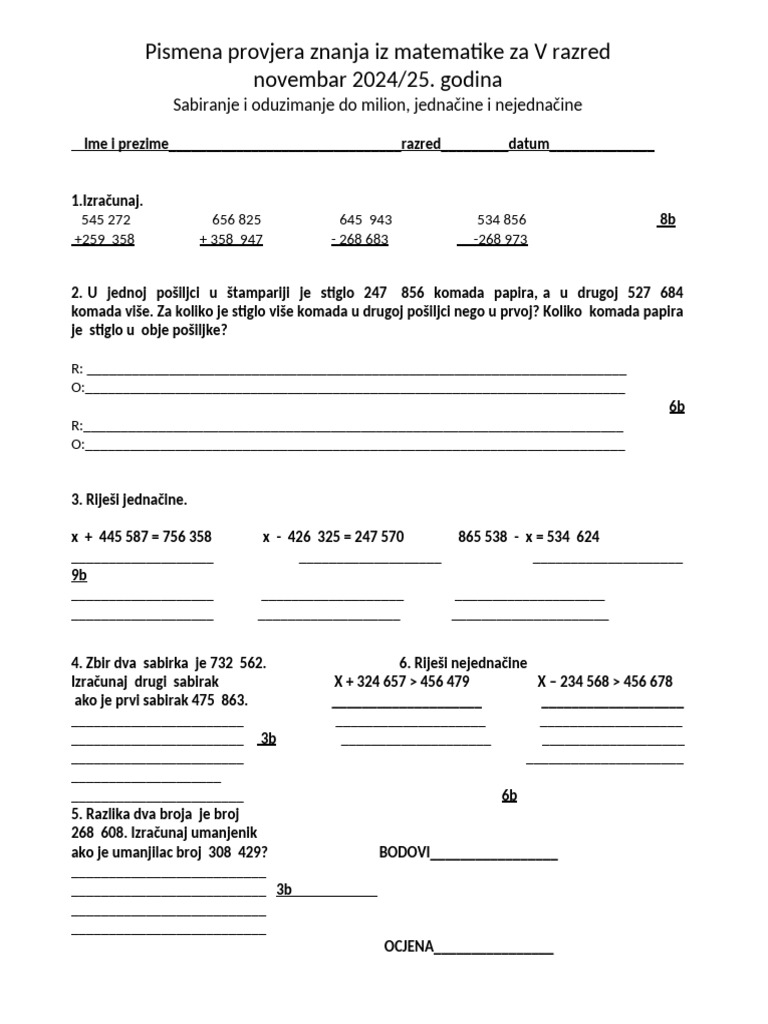 Pismena Provjera Znanja Iz Matematike Za V Razred | PDF