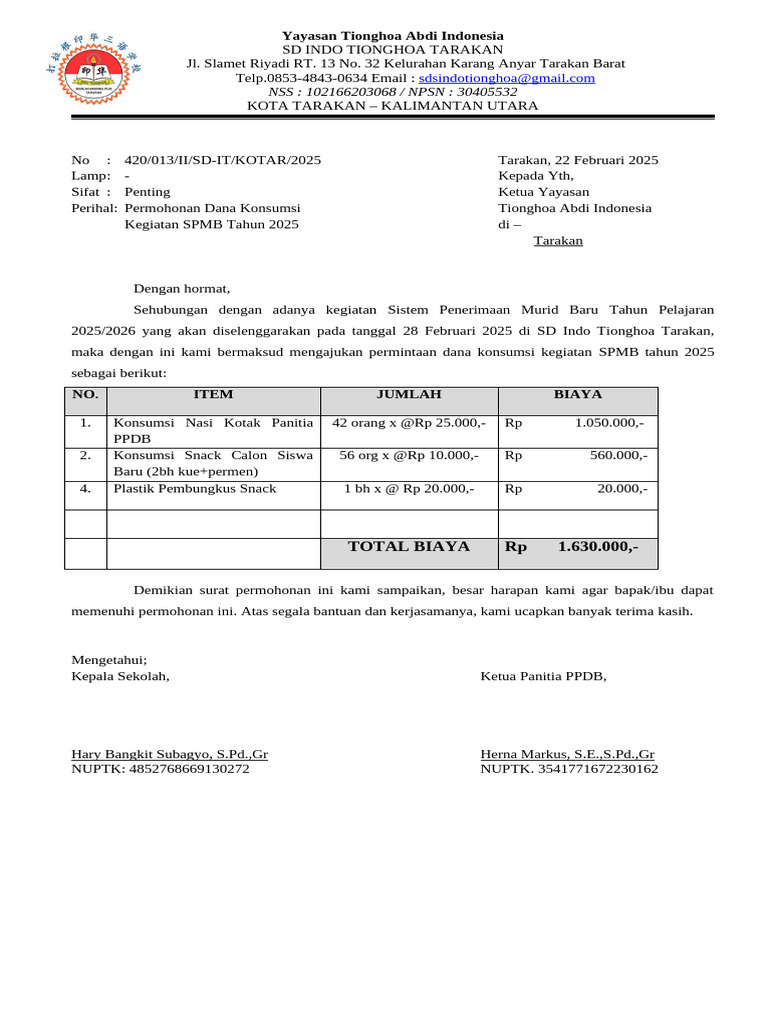 Proposal Konsumsi PPDB - Yayasan (2025) | PDF