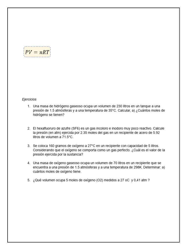 Ley de Gases Ideales: Ejercicios y Fórmulas | PDF
