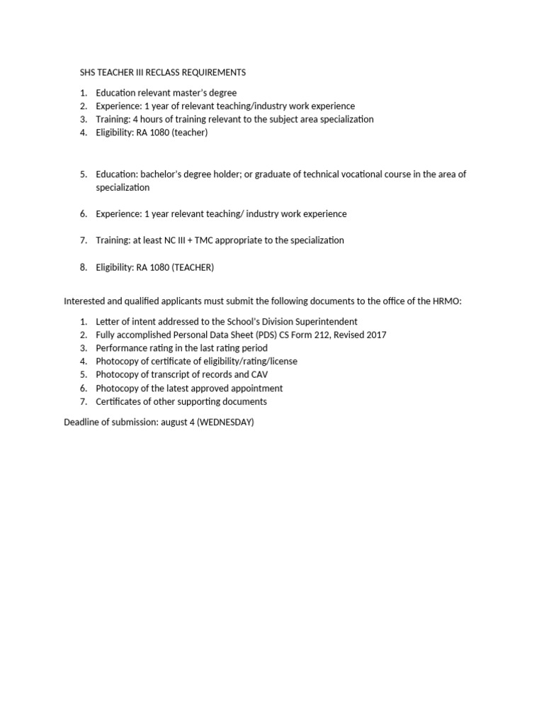 Teacher III Reclassification Requirements | PDF
