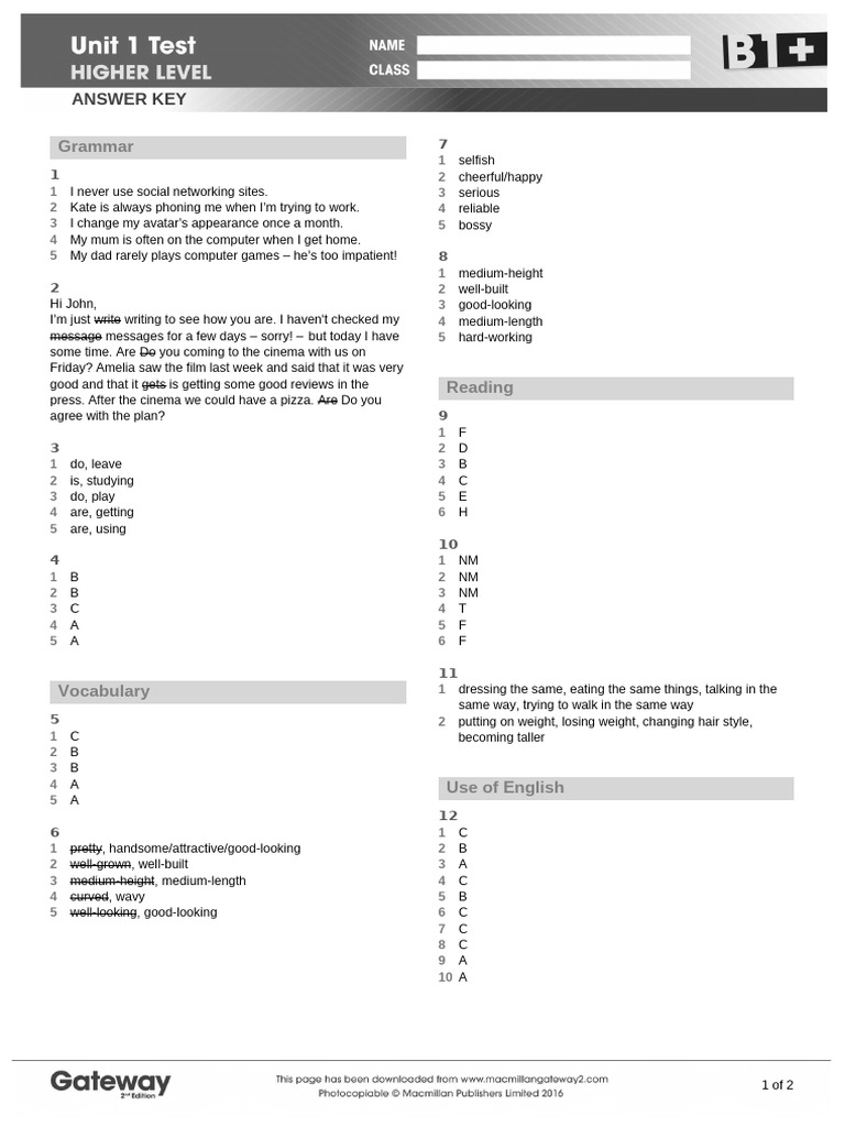 B1+ UNIT 1 Test answer key higher | PDF
