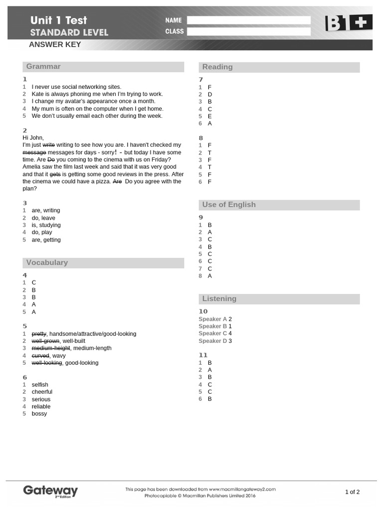B1+ UNIT 1 Test Answer Key Standard | PDF