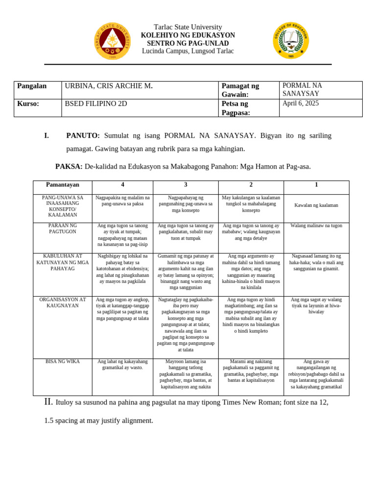 1 - Pagsulat NG Pormal Na Sanaysay | PDF