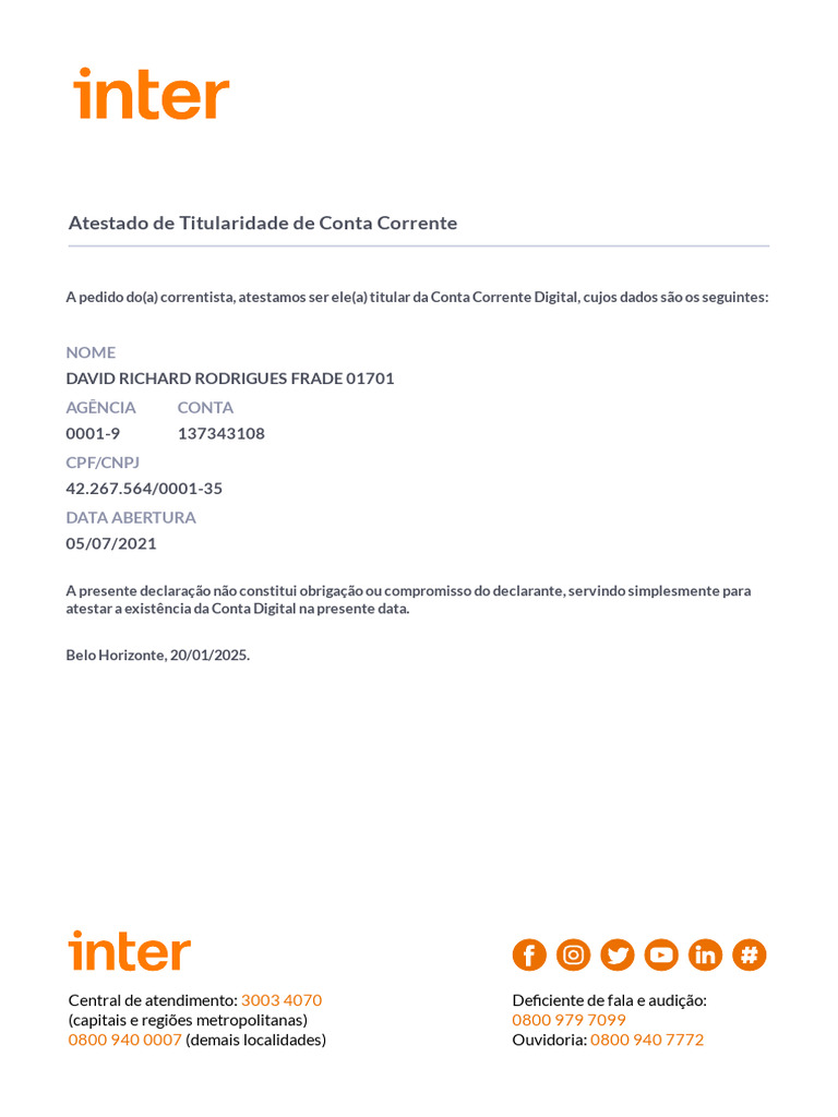 Atestado de Titularidade de Conta Corrente | PDF