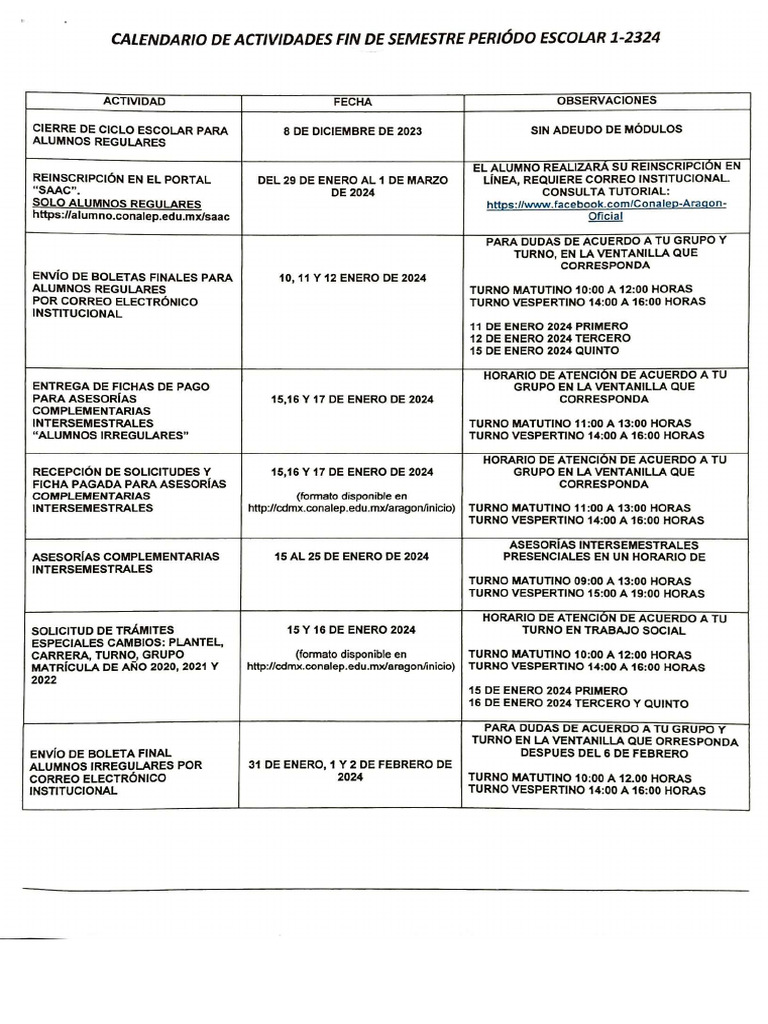 Calendario de Actividades Fin de Semestre Periodo Escolar 1-2324 | PDF