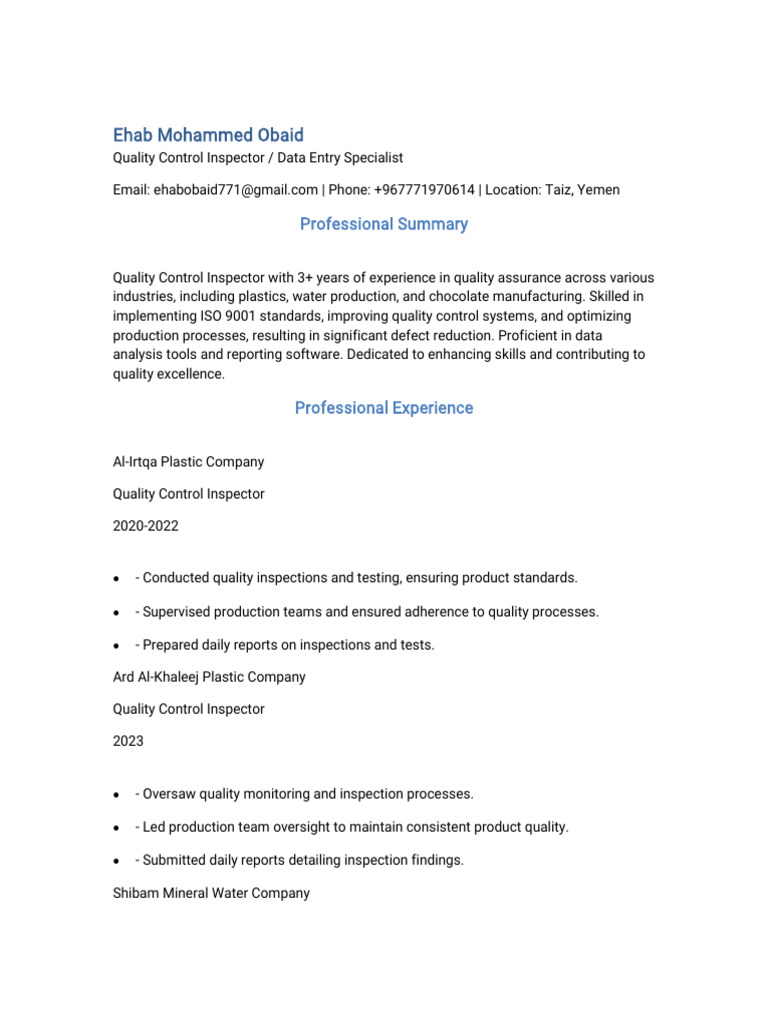 Ehab_Mohammed_Obaid_ATS_Resume(cv) | PDF | Quality Assurance | Quality