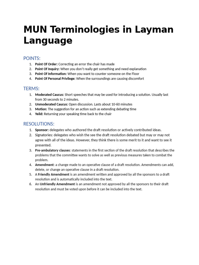 MUN Terminologies in Layman Language | PDF