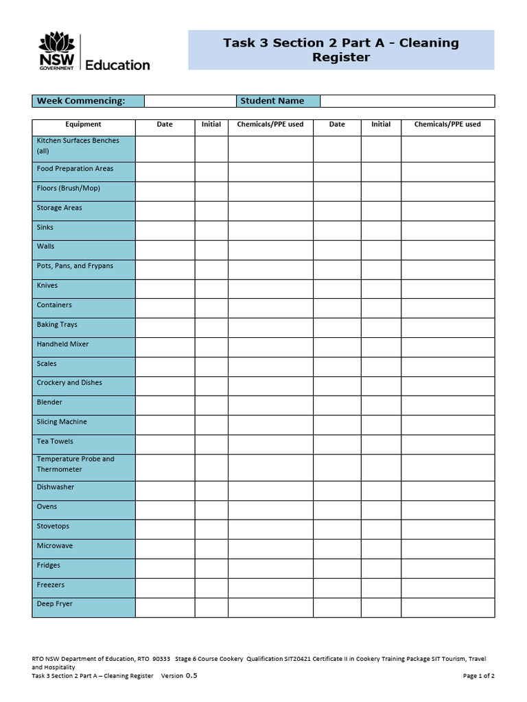 2024 HospCo SIT20421 EC Activity Task 3 Section 2 Part A - Cleaning Register | PDF