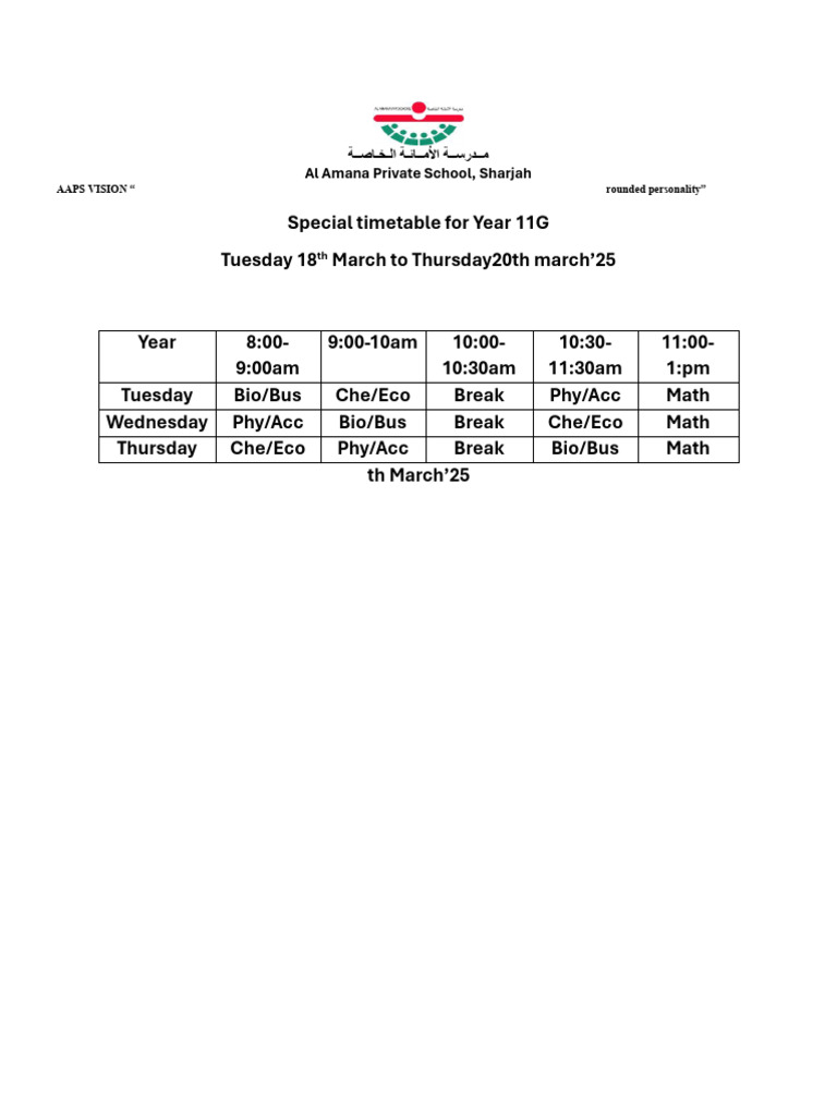 Special Class Timetable 11g | PDF