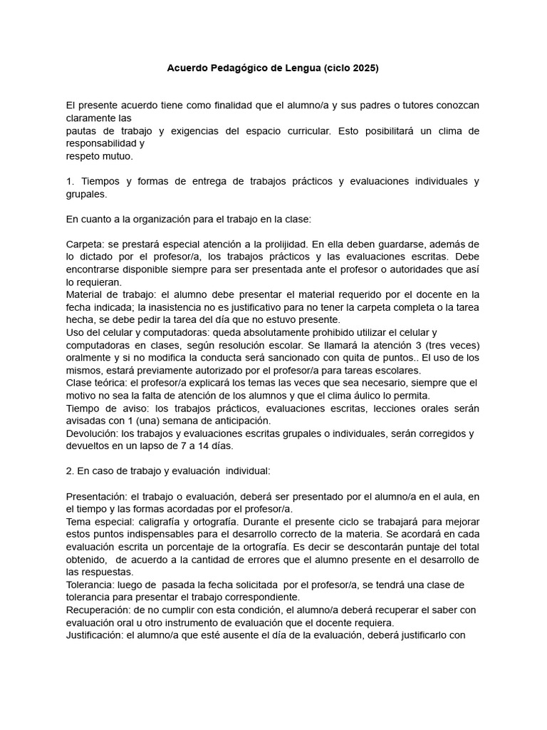 Acuerdo Pedagógico Lengua 2025 | PDF | Maestros | Aprendizaje