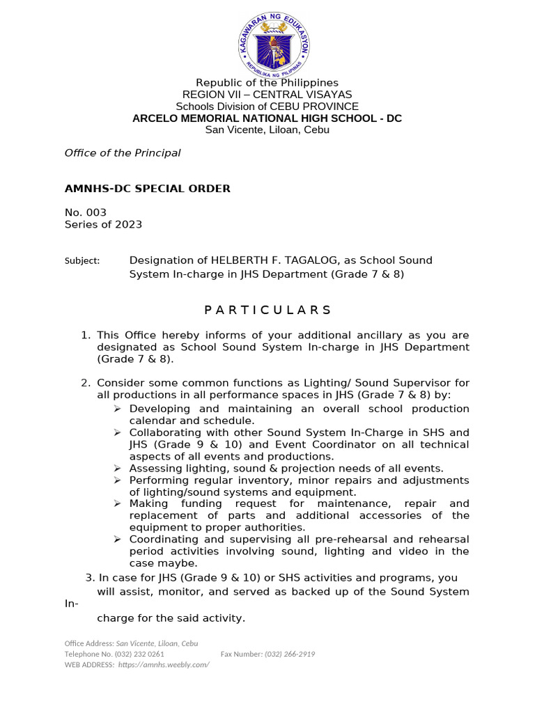Designation As School Sound System in Charge JHS Grade 7 8 | PDF