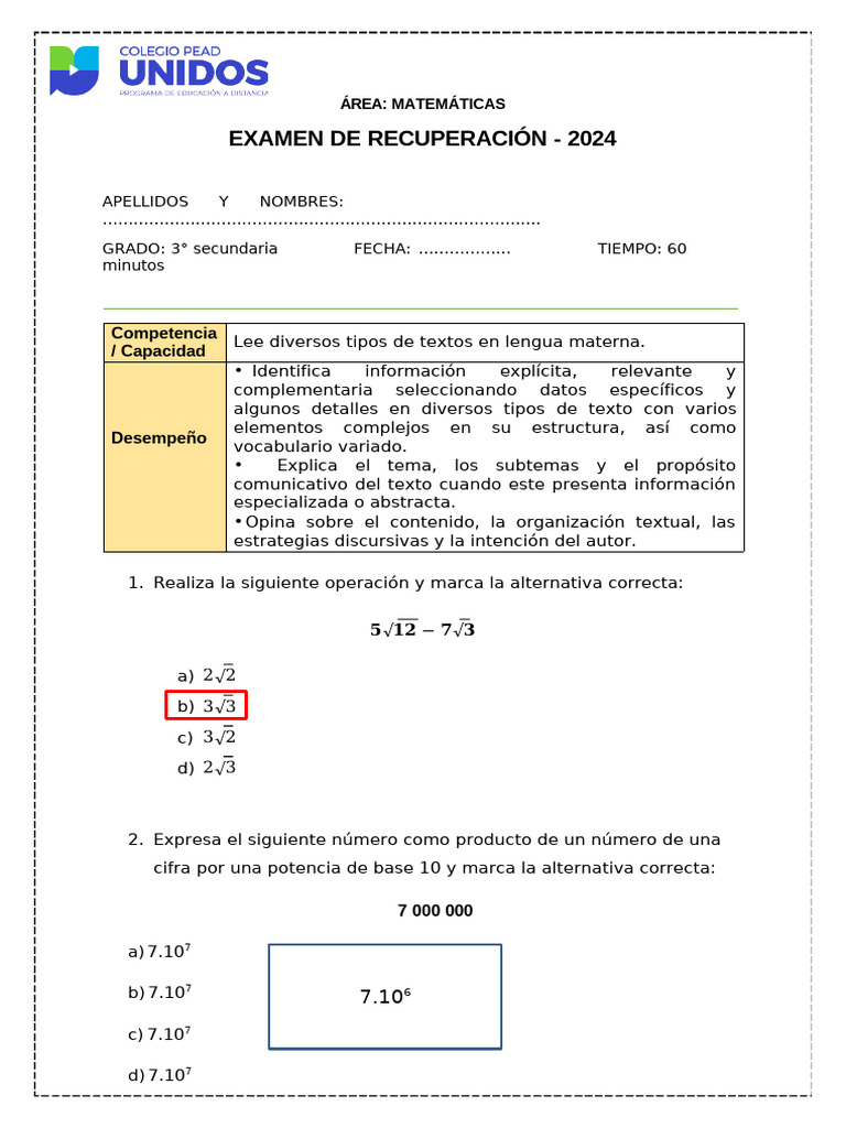 MATEMATICA 3S - EXAMEN PG_24 (1) | PDF | Matemáticas | Enfermedades y trastornos humanos