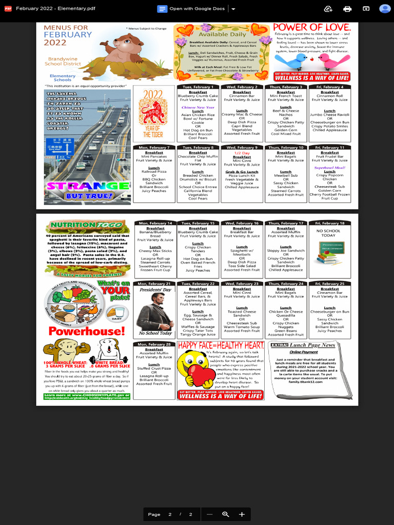 February 2022 Elementary School Menus | PDF | Lunch | Meal