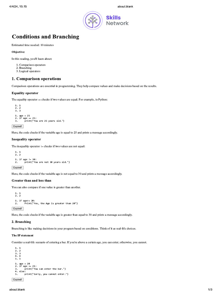 Module 3 b_ Conditions and Branching | PDF