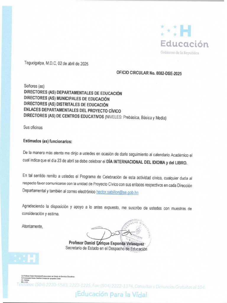 Oficio Circular No. 0082-DSE-2025 | PDF