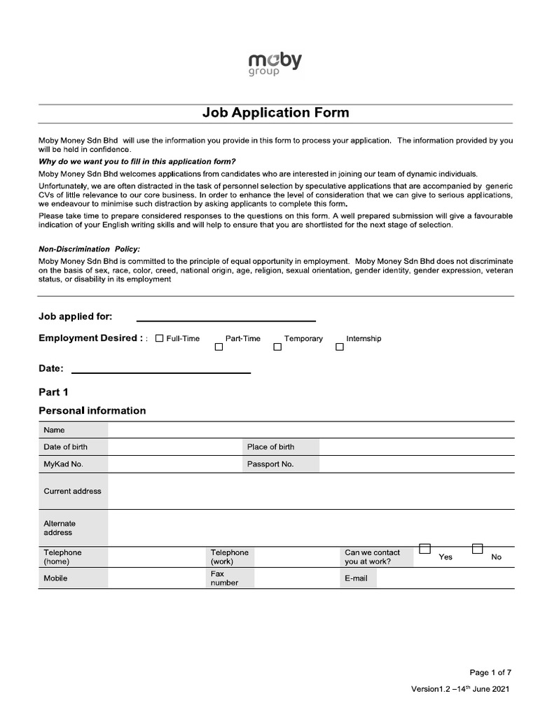 Moby Money Job Application Form v1.4c | PDF