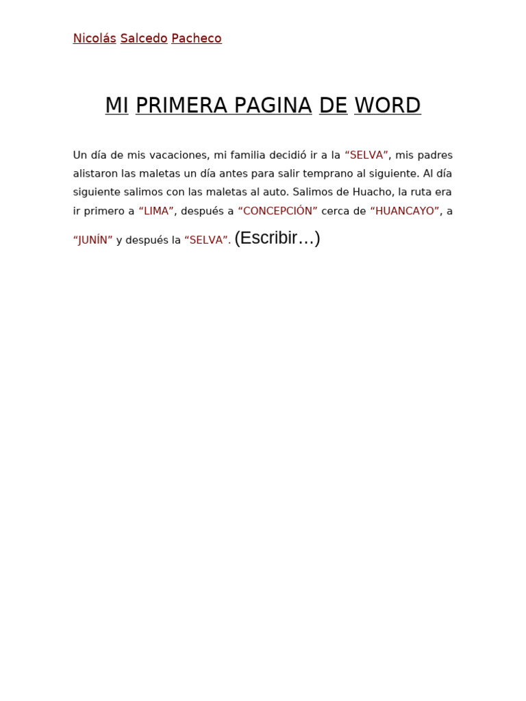 Mi Primera Pagina de Word: (Escribir ) | PDF